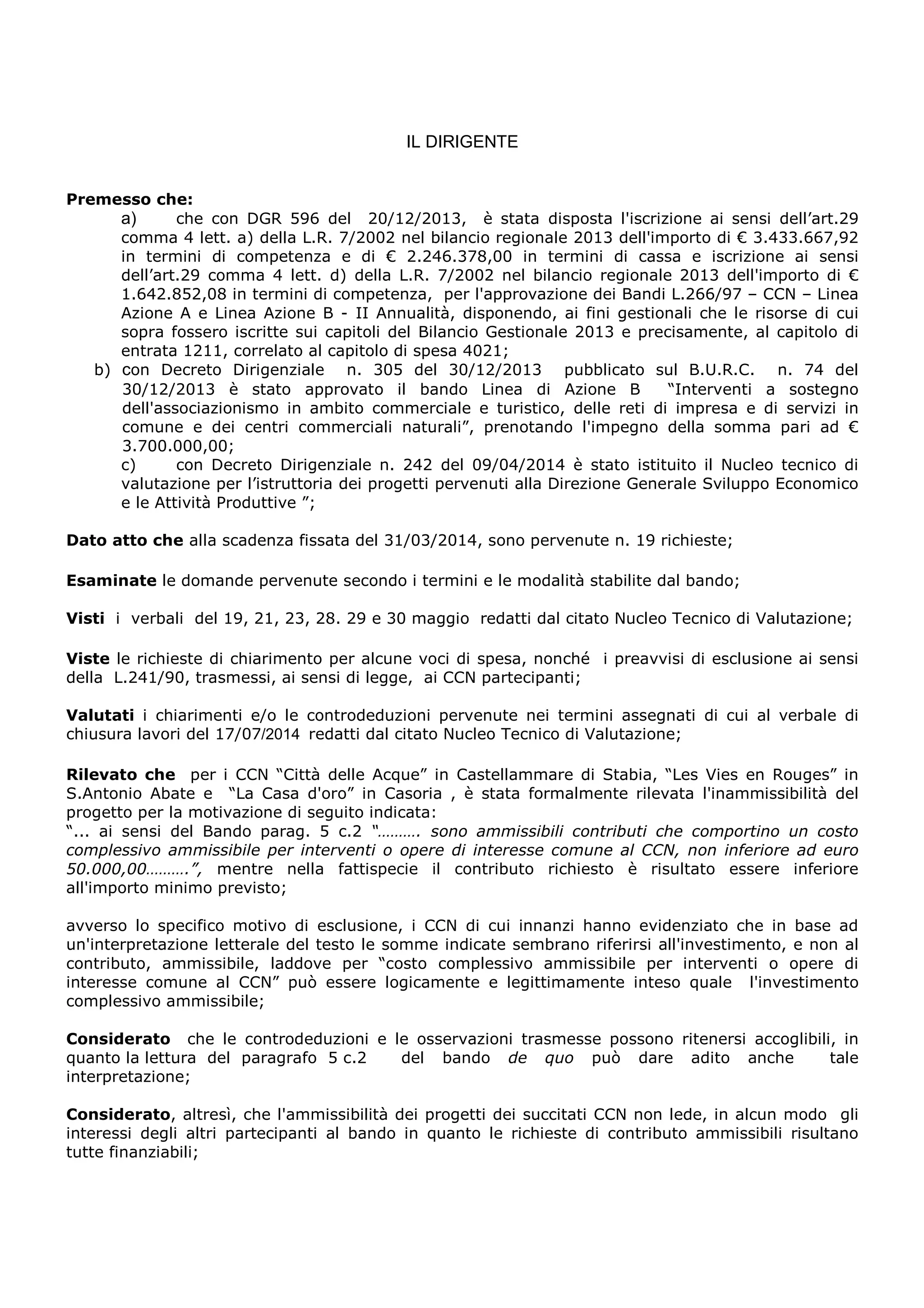 Esito bando finanziamento centri commerciali naturali | PDF