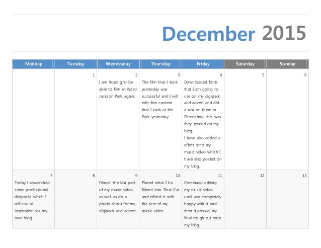 December Calendar- Week Commencing 14- 20th