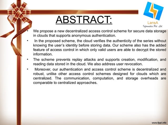 Decentralized access control with anonymous authentication of data stored in clouds | PPT ...