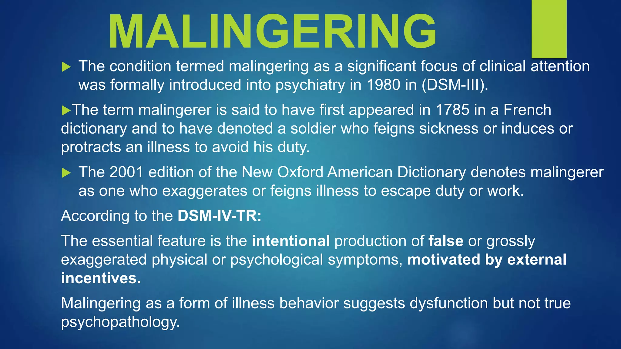 Deceptive syndromes- factitious disorder & malingering | PPTX
