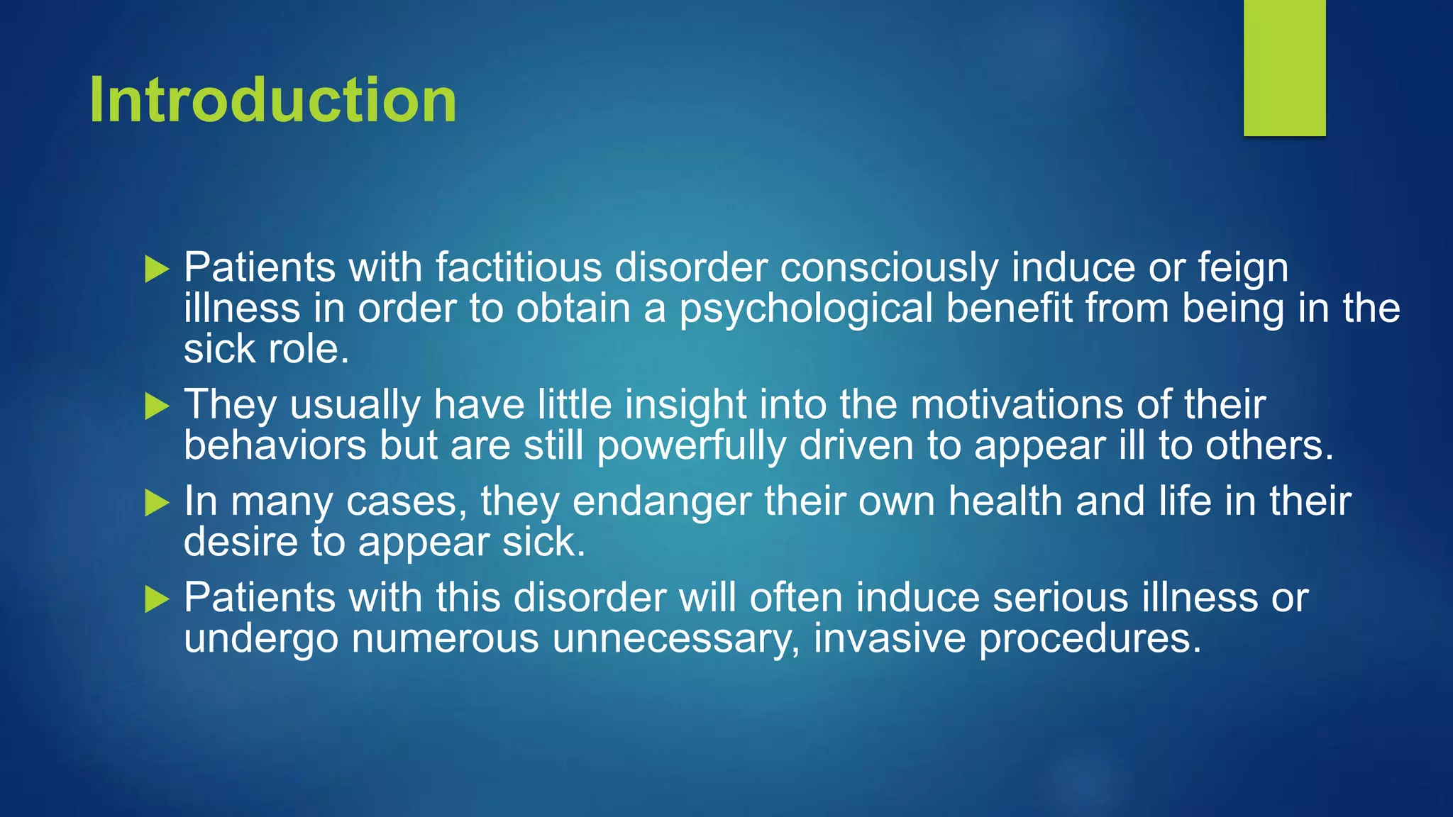 Deceptive syndromes- factitious disorder & malingering | PPTX