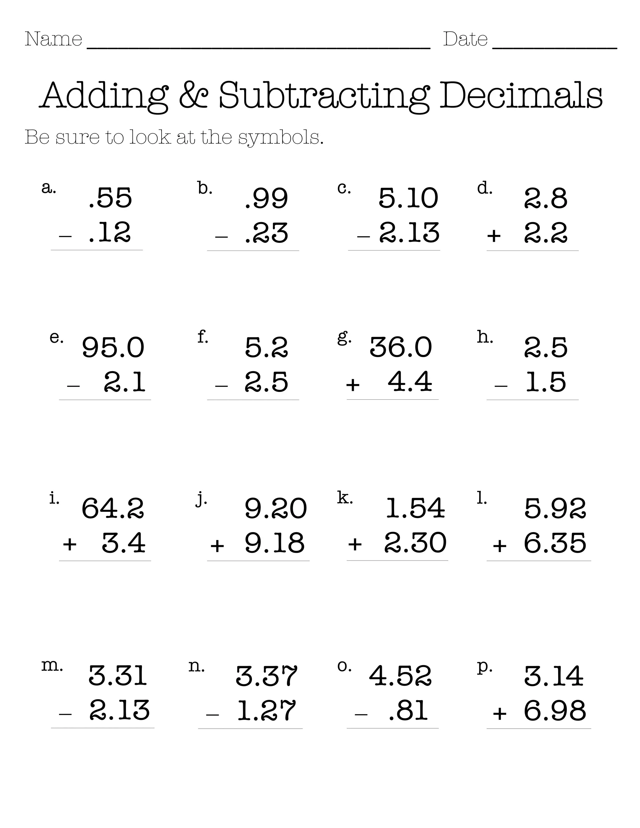 Adding & Subtracting Decimal Worksheet Answer Key | PDF