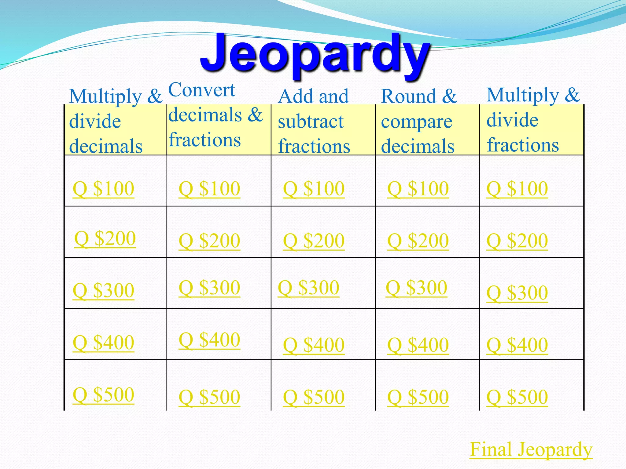 Decimal and Fraction Jeopardy - A Game for Developmental Math | PPTX