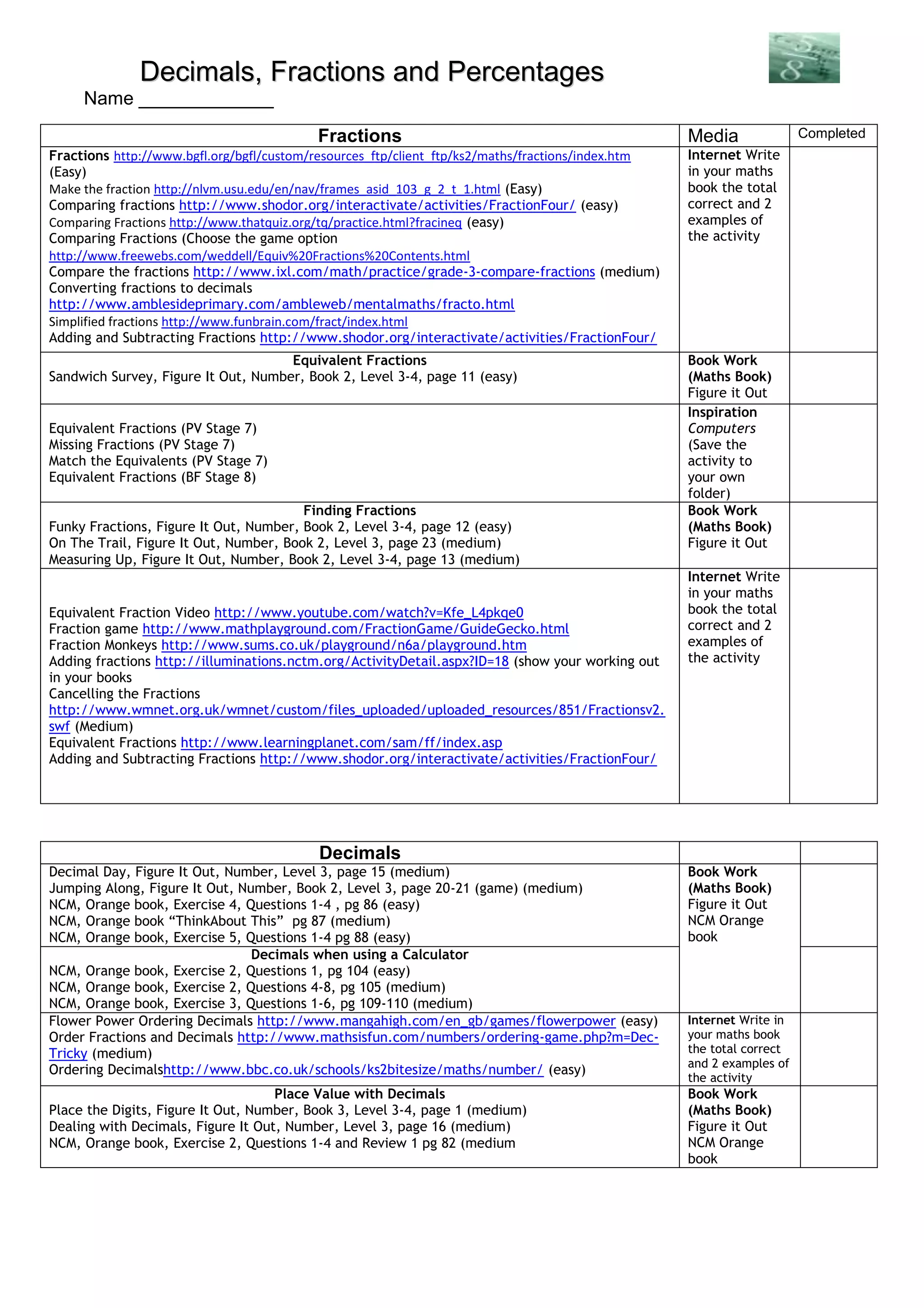 Decimals, Fractions and Percentages | PDF