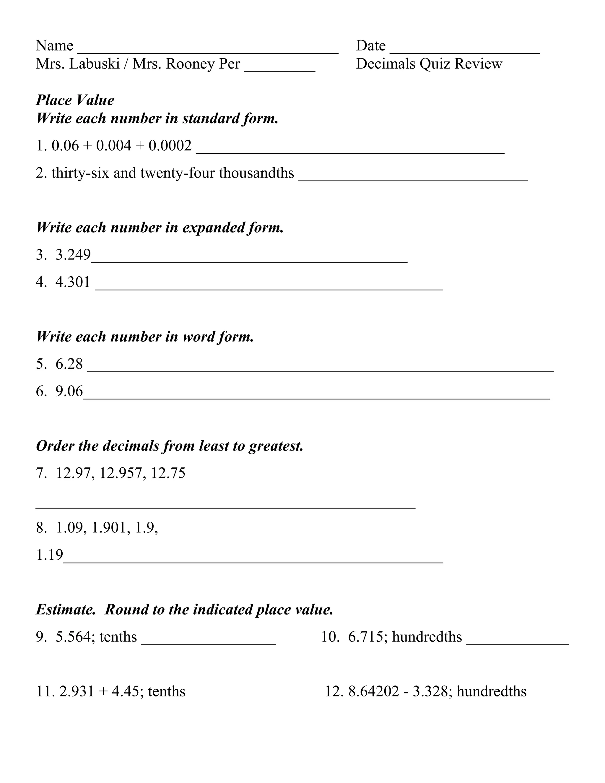 Decimals quiz review | DOC