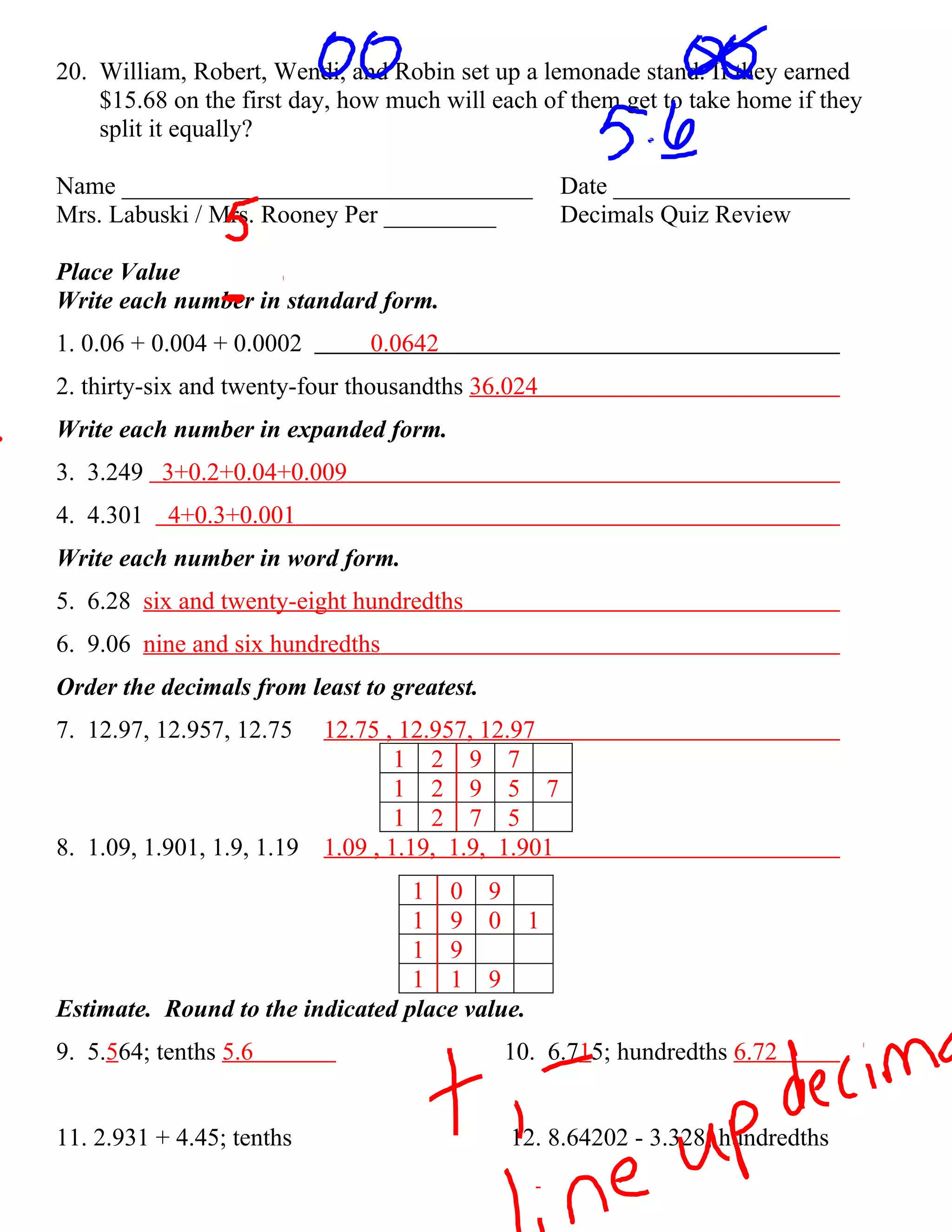 Decimals quiz review | DOC