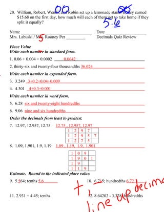 Decimals quiz review | DOC
