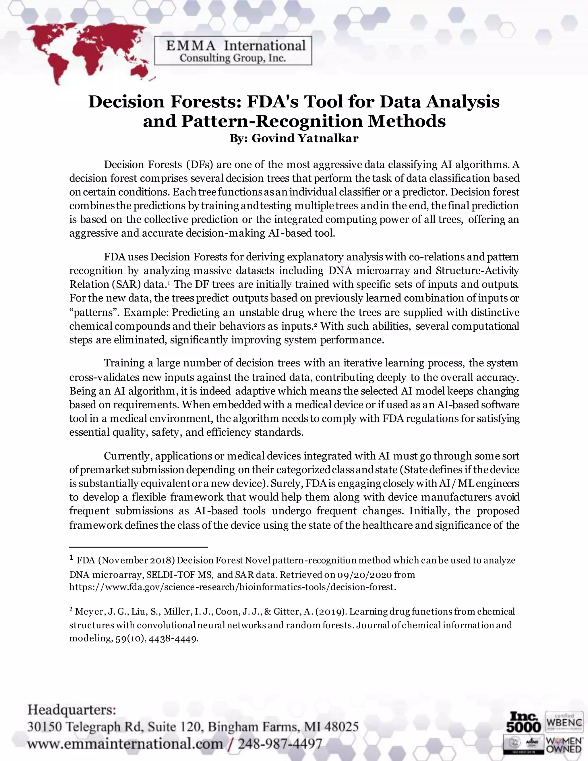 Decision Forests Fdas Tool For Data Analysis And Pattern Recognition Methods Docx