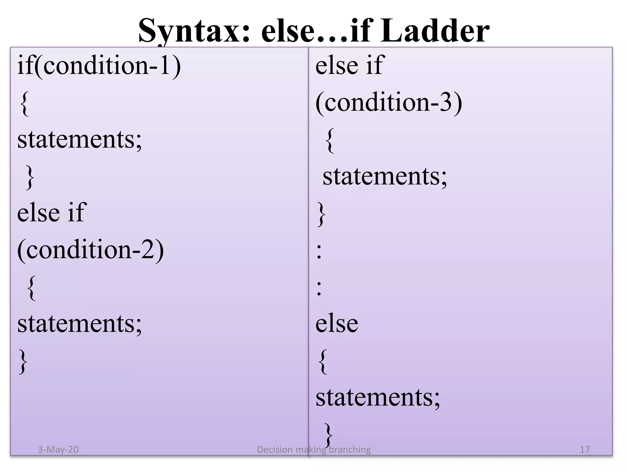 Decision makingandbranching in c | PPTX | Programming Languages | Computing