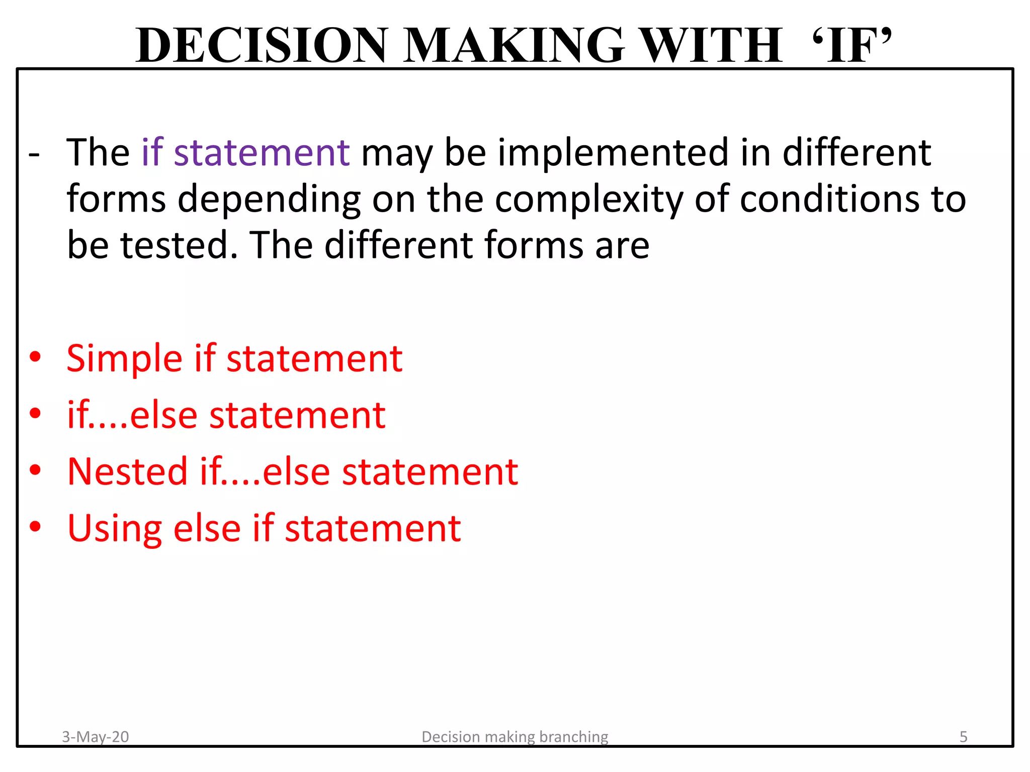 Decision makingandbranching in c | PPTX