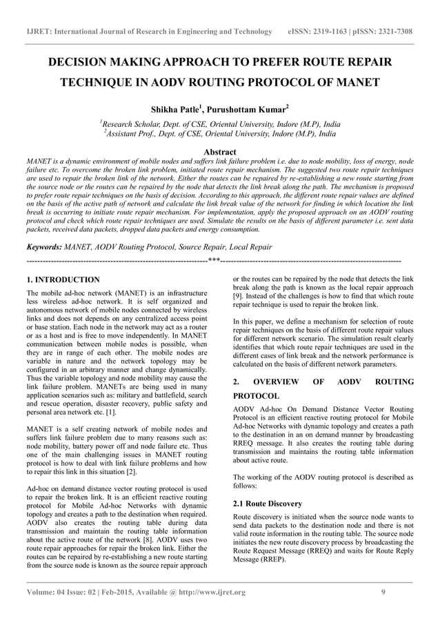 Decision making approach to prefer route repair technique in aodv routing protocol of manet | PDF