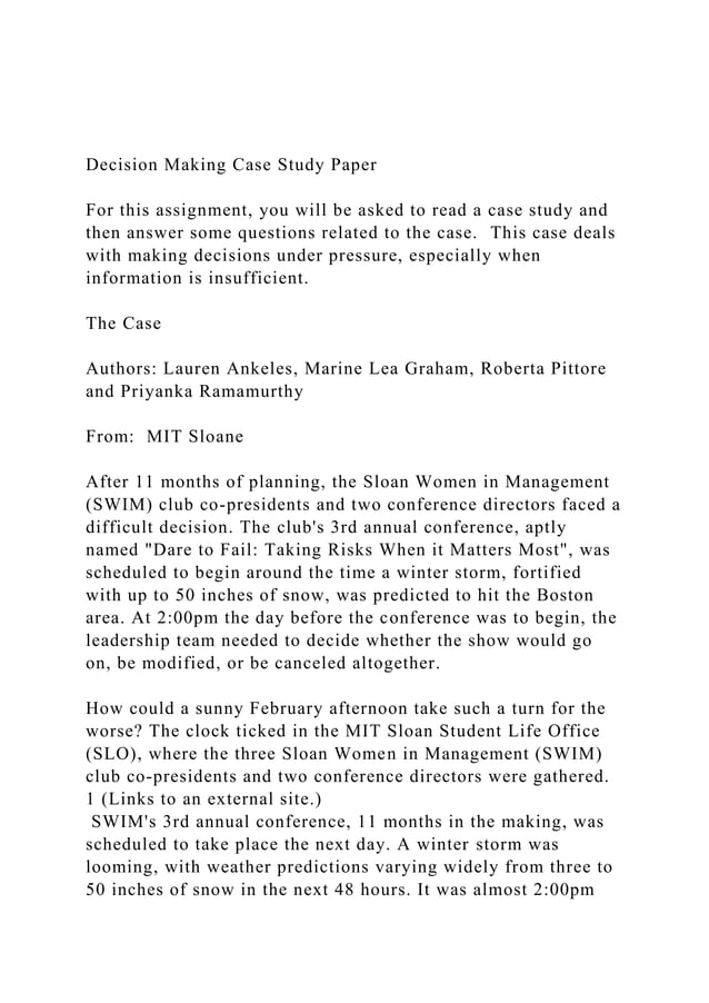 Decision Making Case Study PaperFor this assignment, you wil.docx