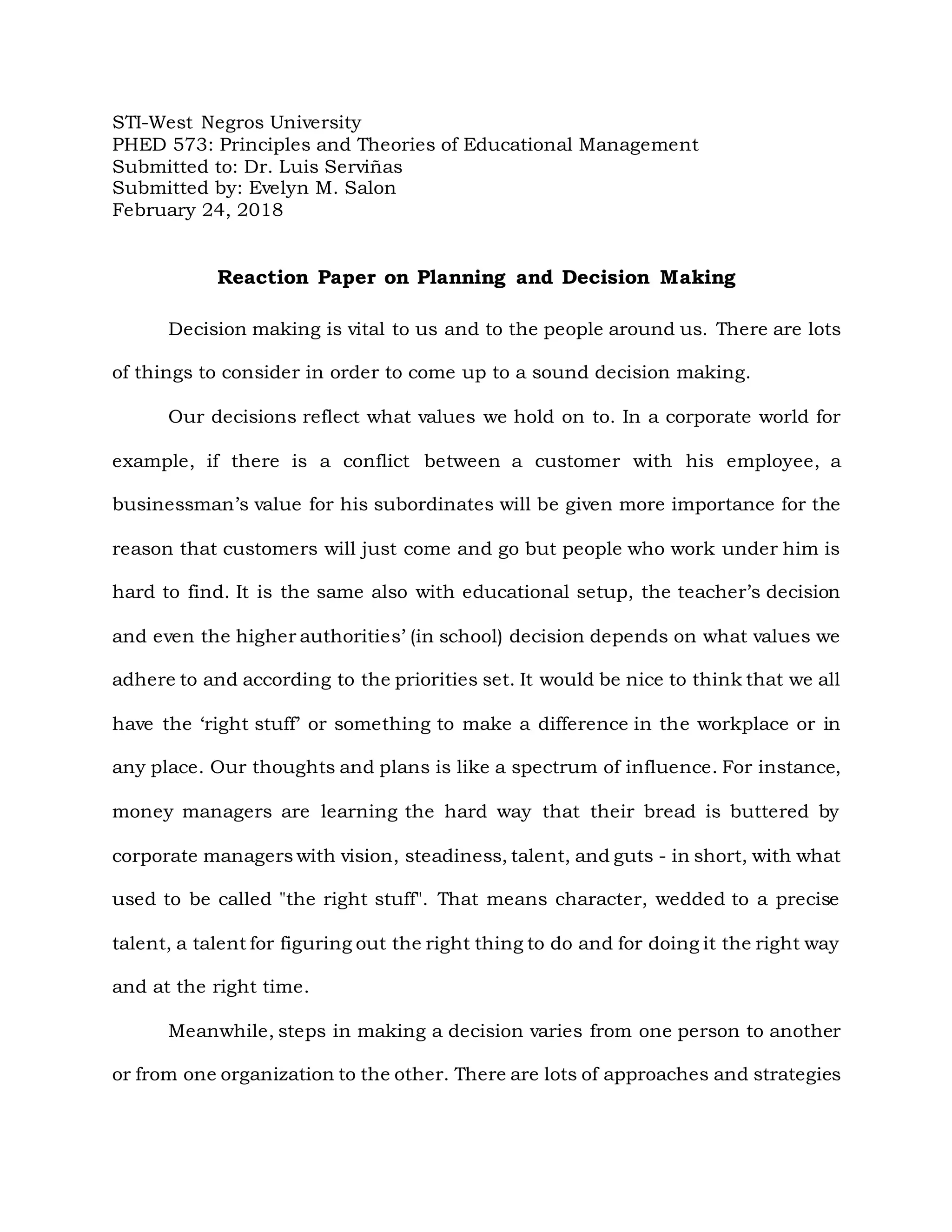 Decision making reaction paper | DOCX