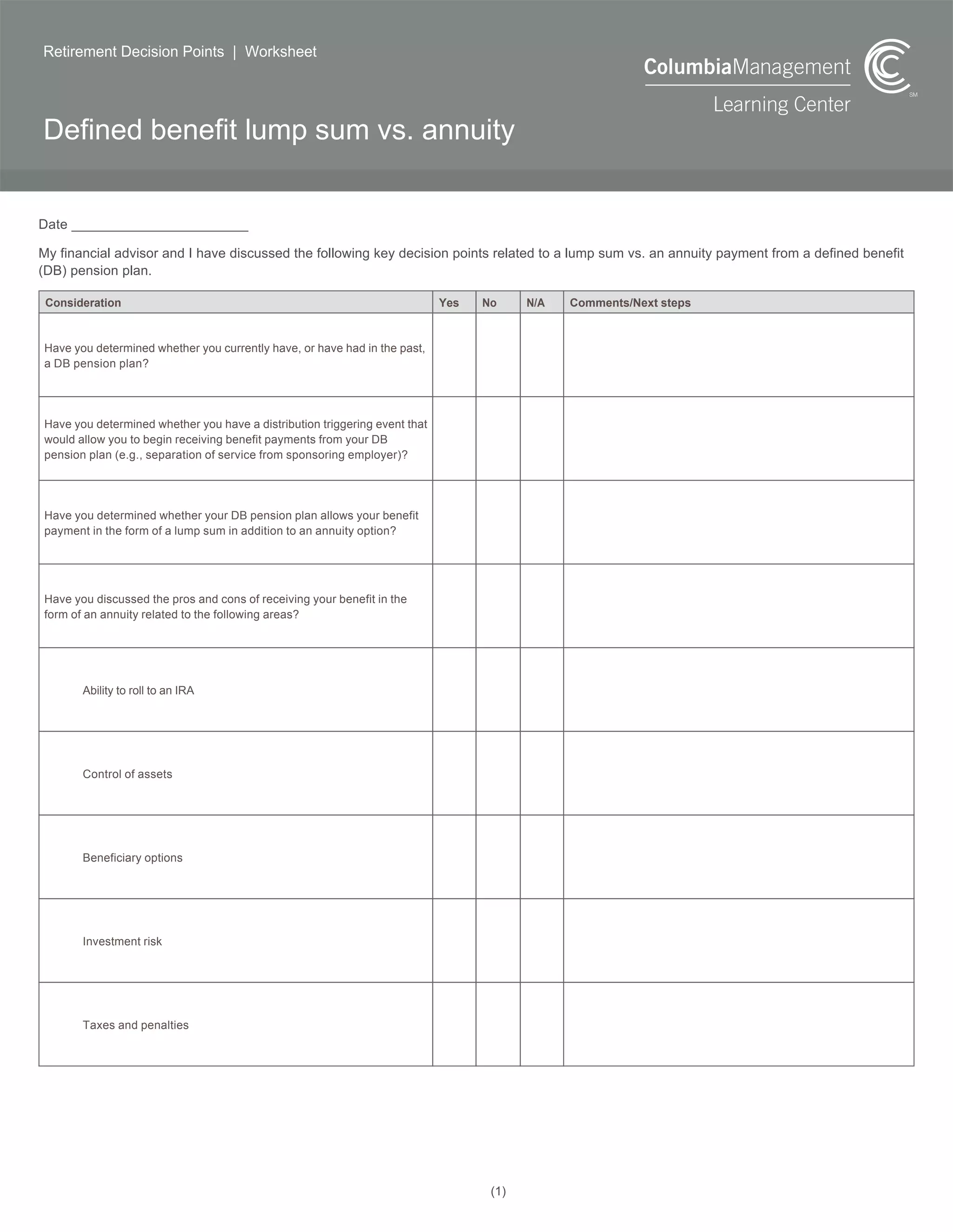 Auto Workers Lump Sum Pension Buyout Decision Points Worksheet | PDF