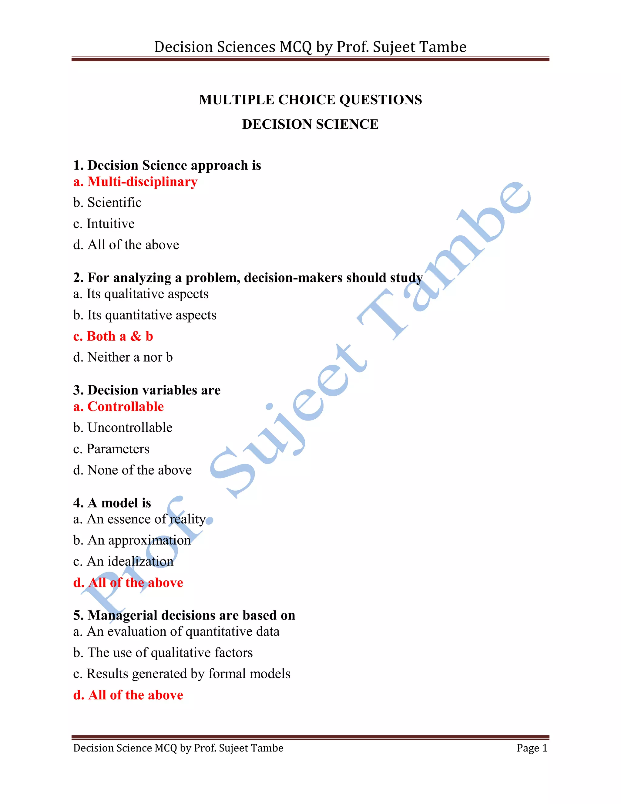 Decision science/ Operations Research MCQ by Prof. Sujeet Tambe | PDF | Science