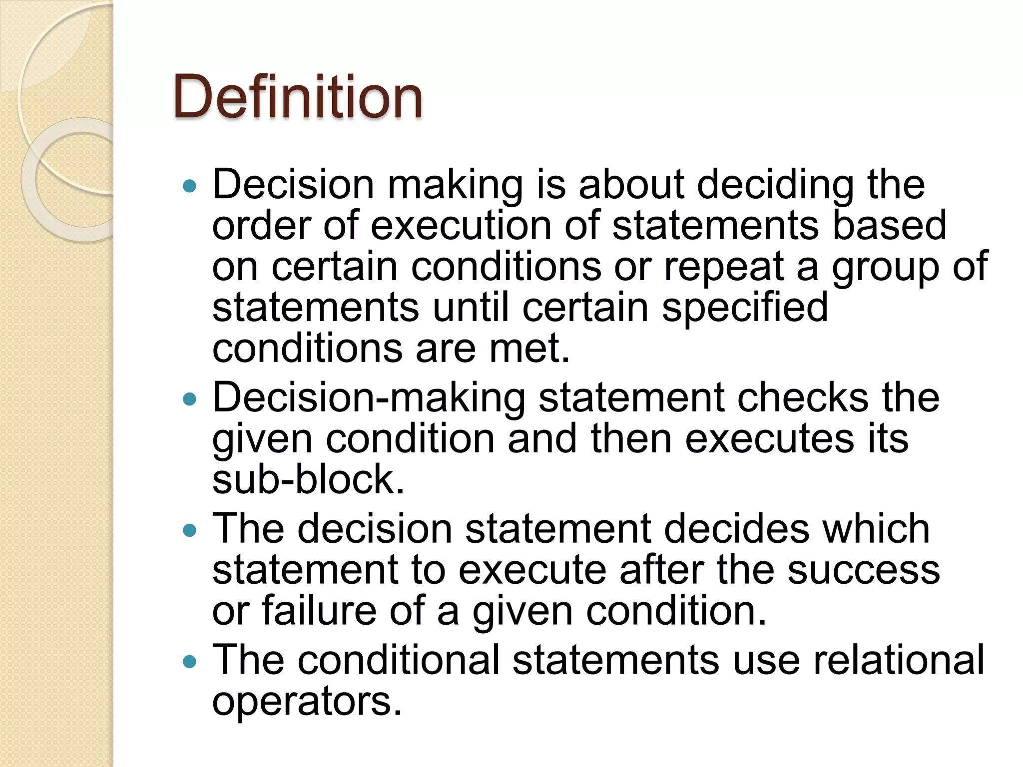 Decision statements in c language | PPTX | Programming Languages | Computing