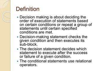 Decision statements in c language | PPTX | Programming Languages | Computing