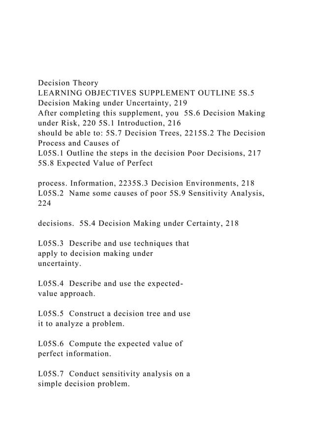 Decision Theory LEARNING OBJECTIVES SUPPLEMENT OUTLINE 5S.5.docx