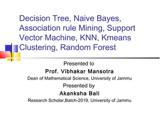 Decision Tree, Naive Bayes, Association Rule Mining, Support Vector Machine, K nearest Neighbour ...