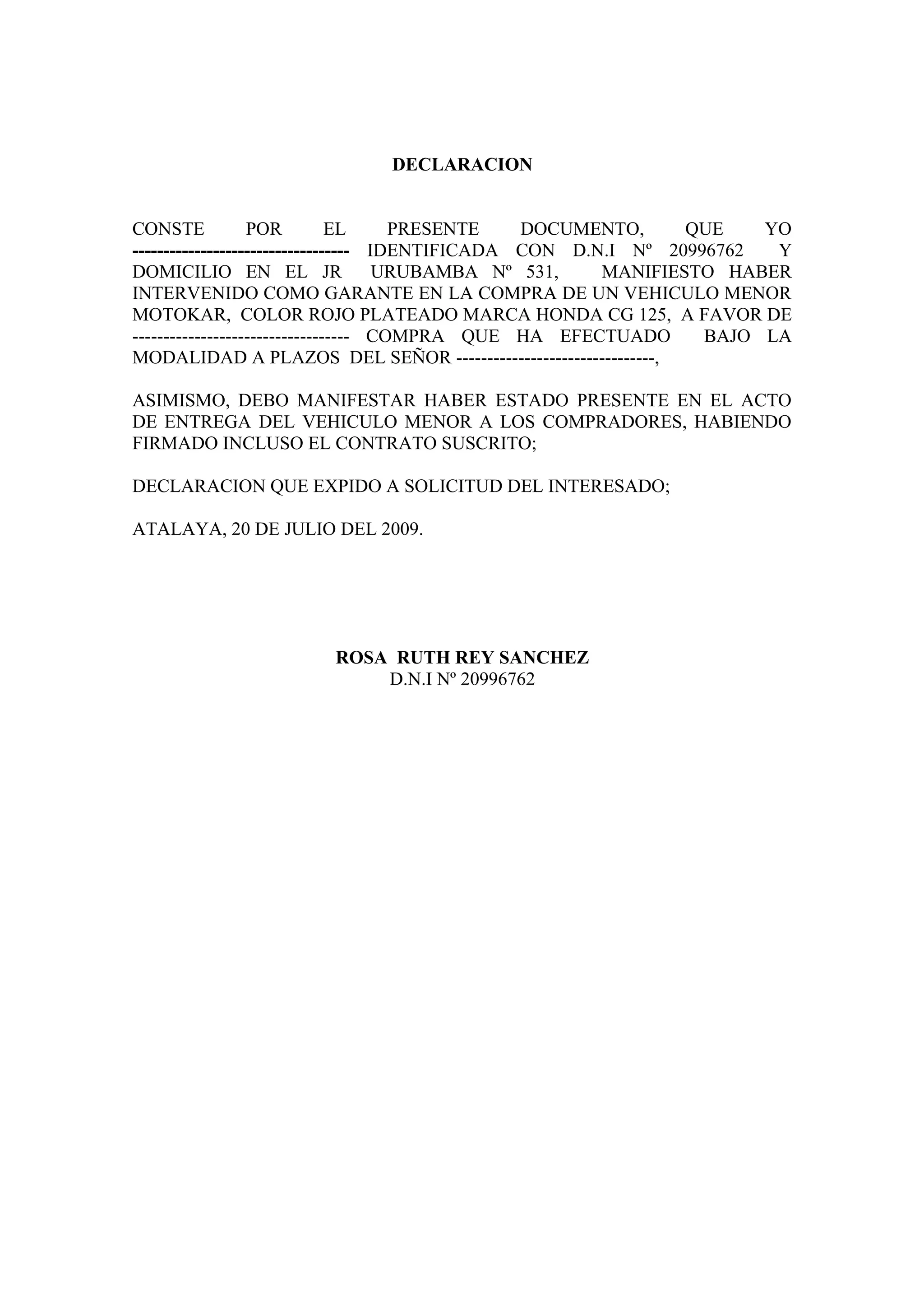 Modelo de declaracion | DOC
