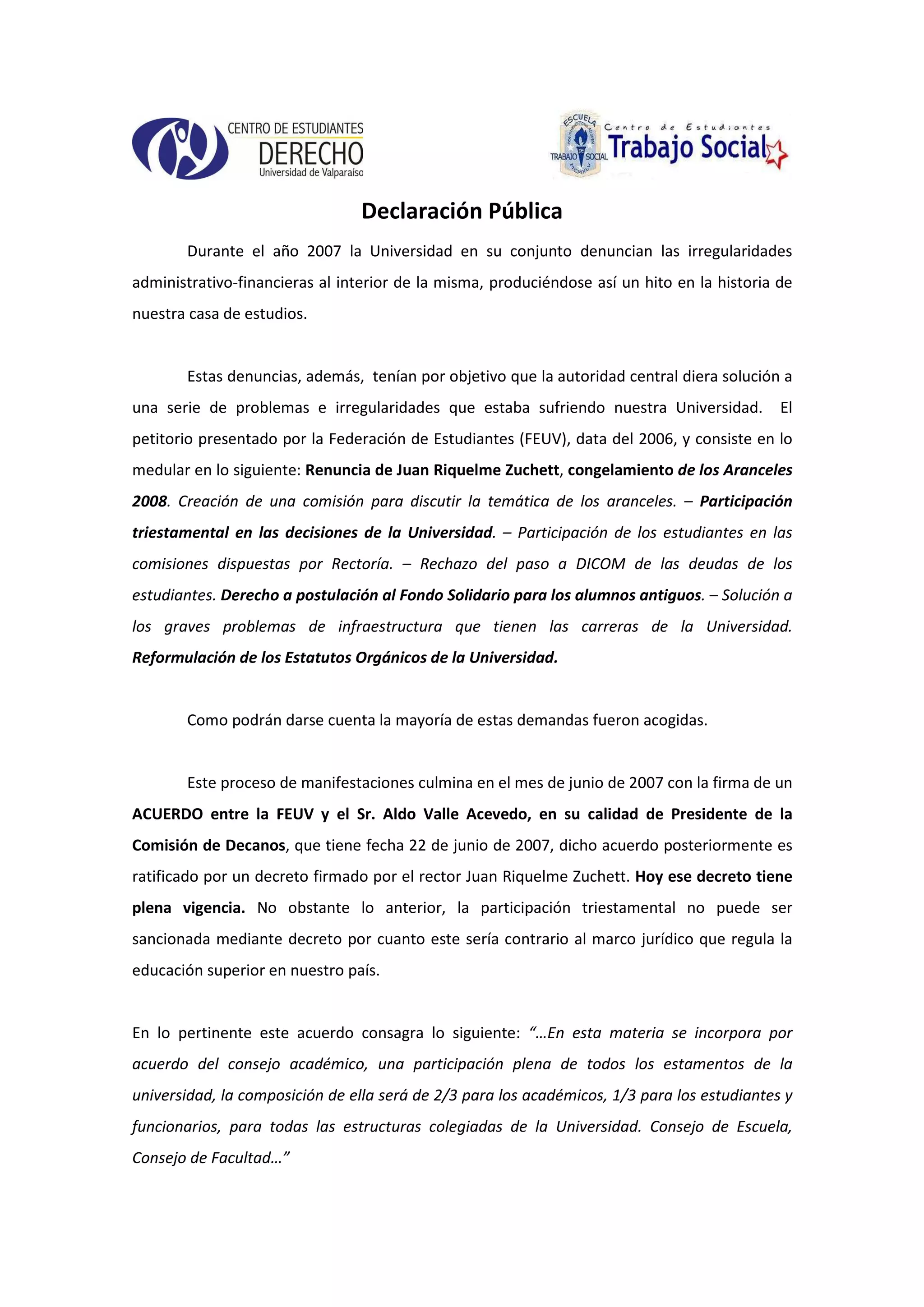 Declaracion Publica Al Rector | PDF | Professional School ...