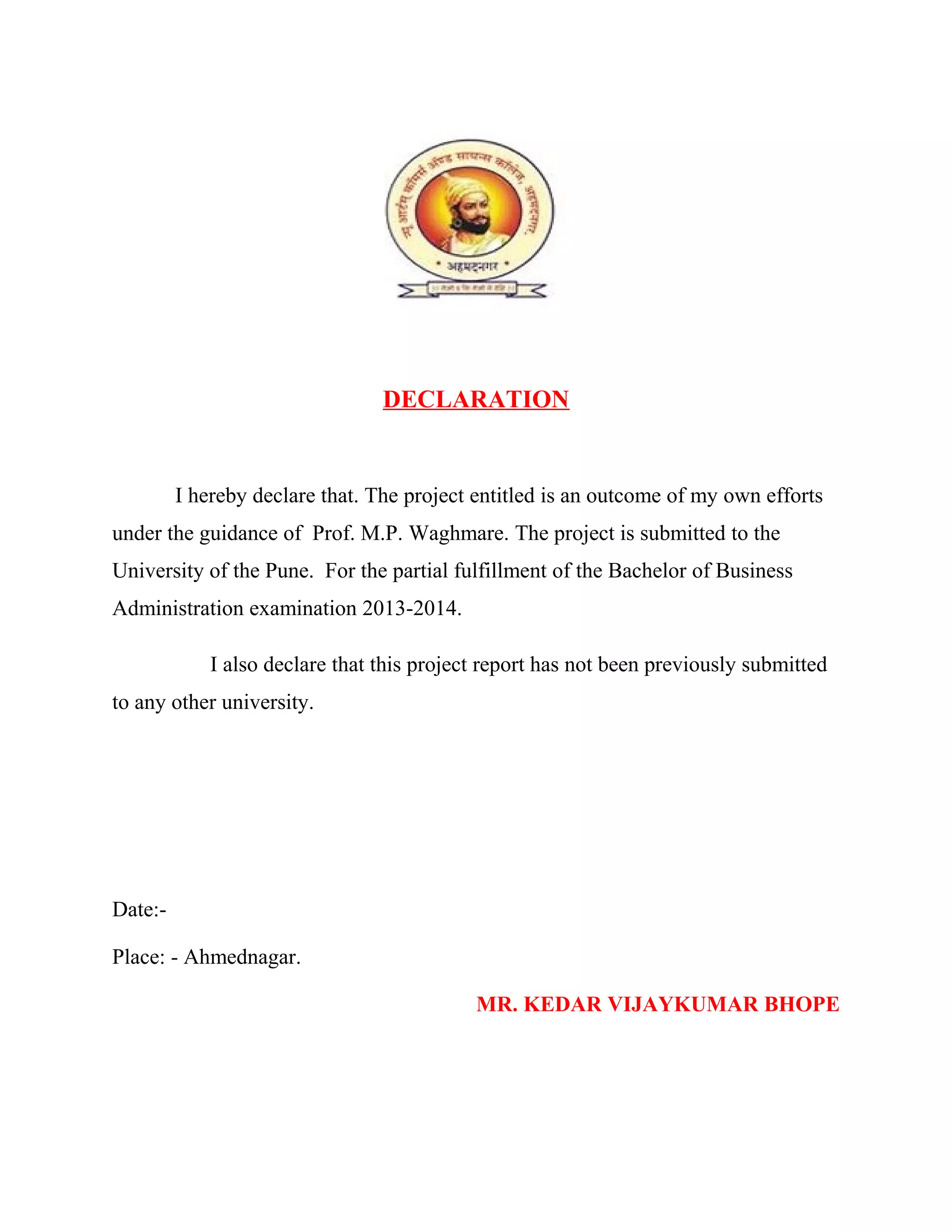 Declaration for BBA, MBA projects | DOC