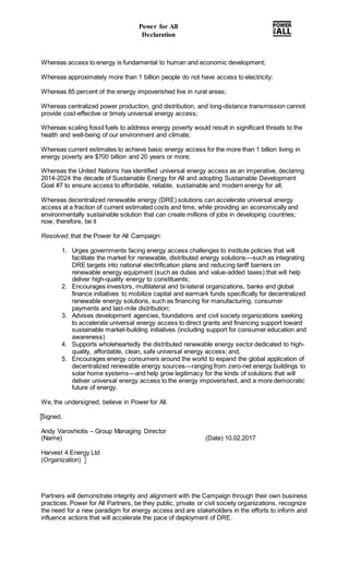 Power for all, Renewable Energy Declaration and statement | PDF