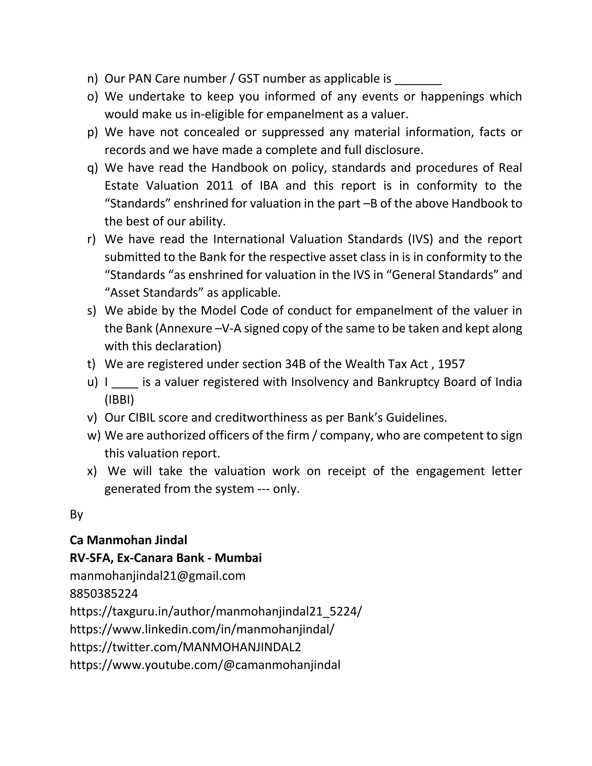 Declaration cum Undertaking to be given by the Valuer | PDF