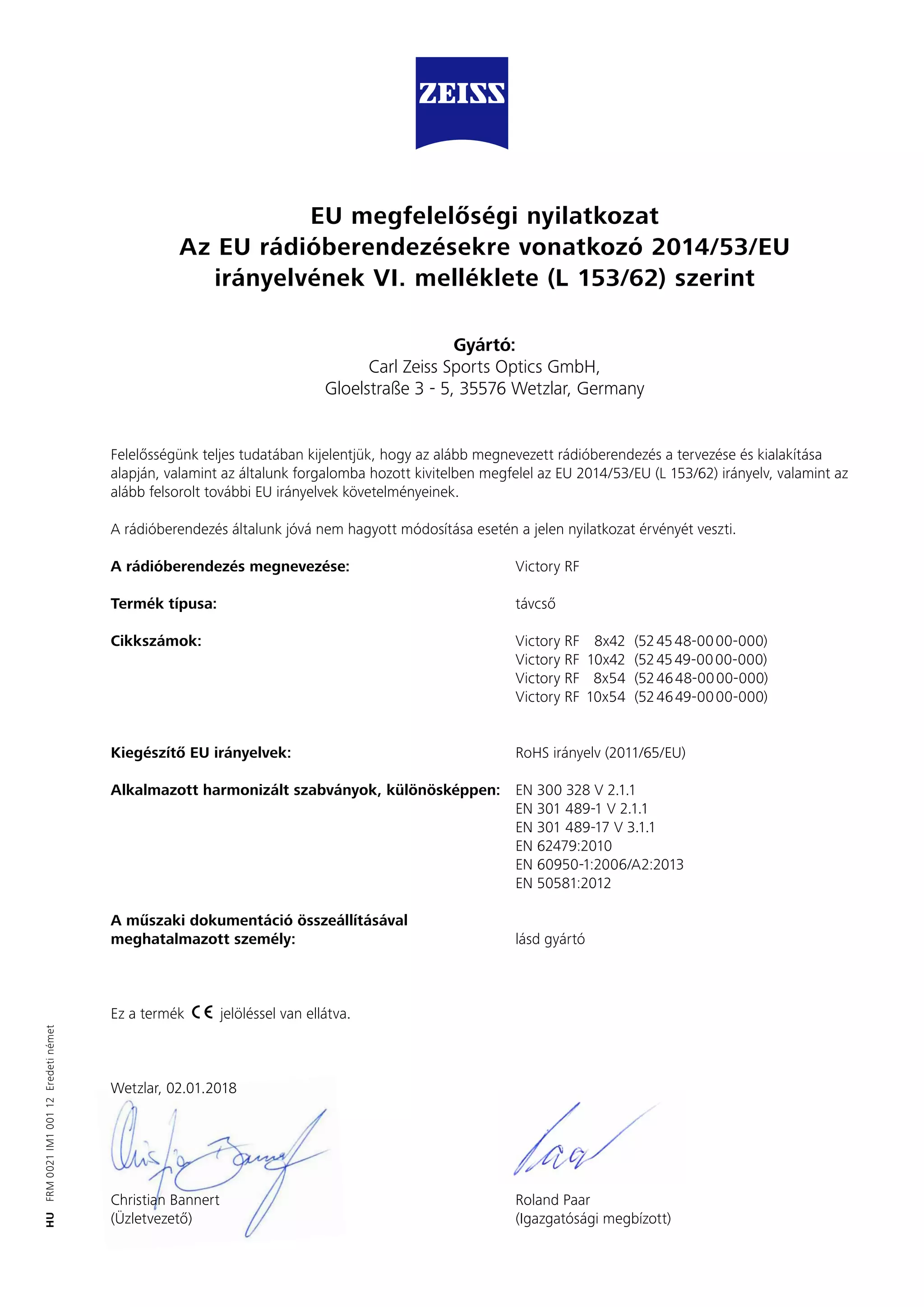 Declaration of conformity | Zeiss Victory RF | Optics Trade | PDF
