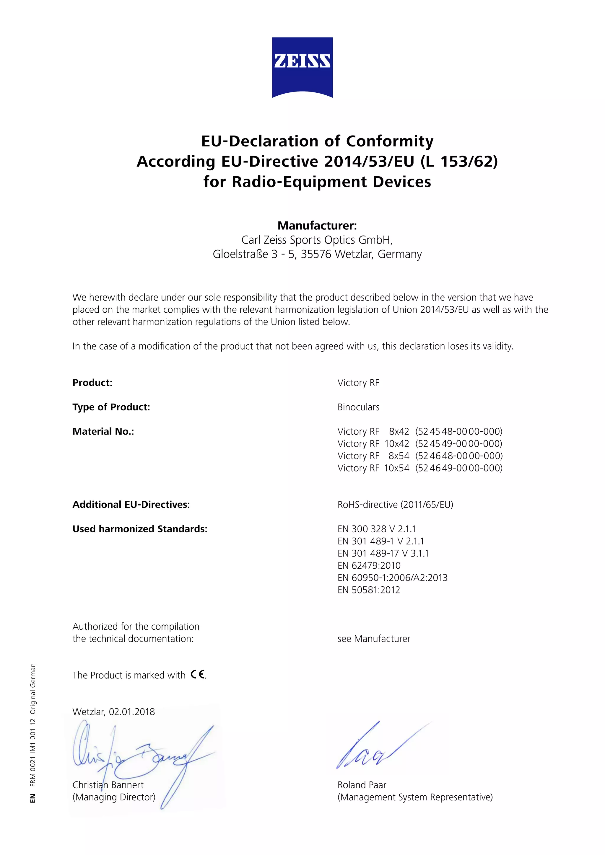 Declaration of conformity | Zeiss Victory RF | Optics Trade | PDF