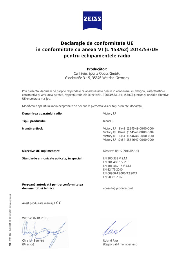Declaration of conformity | Zeiss Victory RF | Optics Trade | PDF