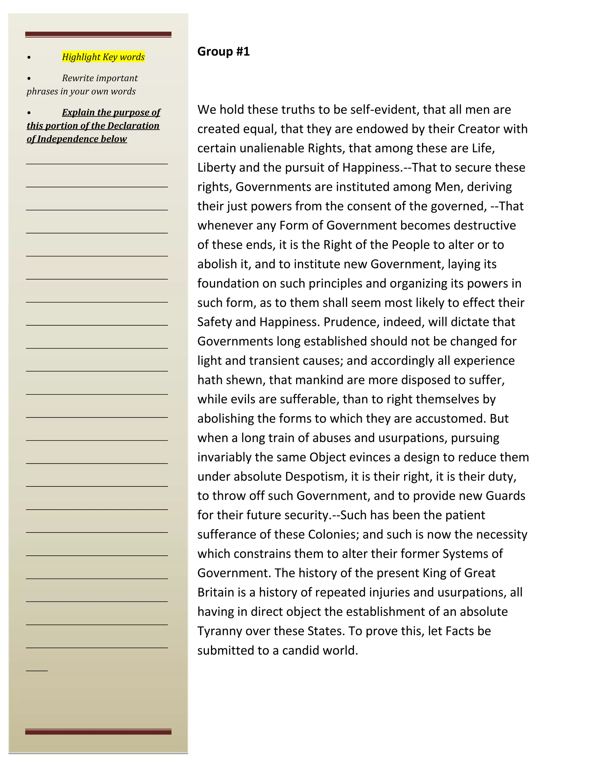 Declaration of independence analyze | DOCX