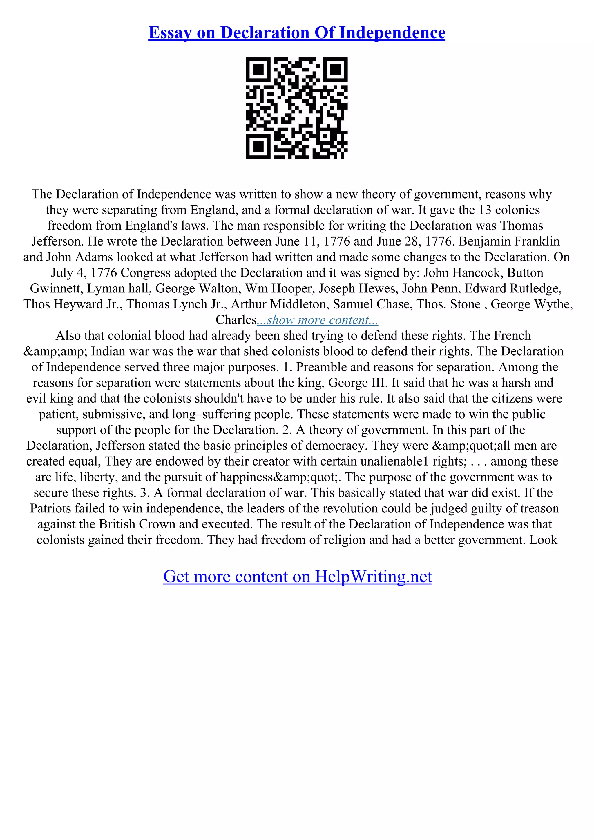 Declaration Of Independence Essay | PDF