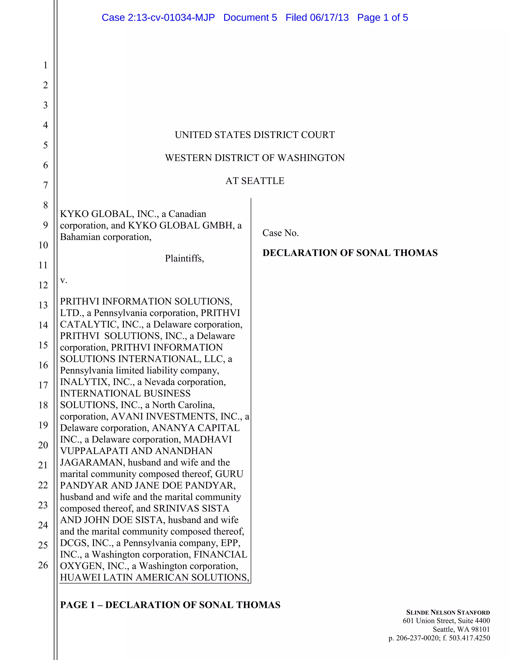 Declaration of Kyko Global's Lawyer Sonal Thomas | PDF