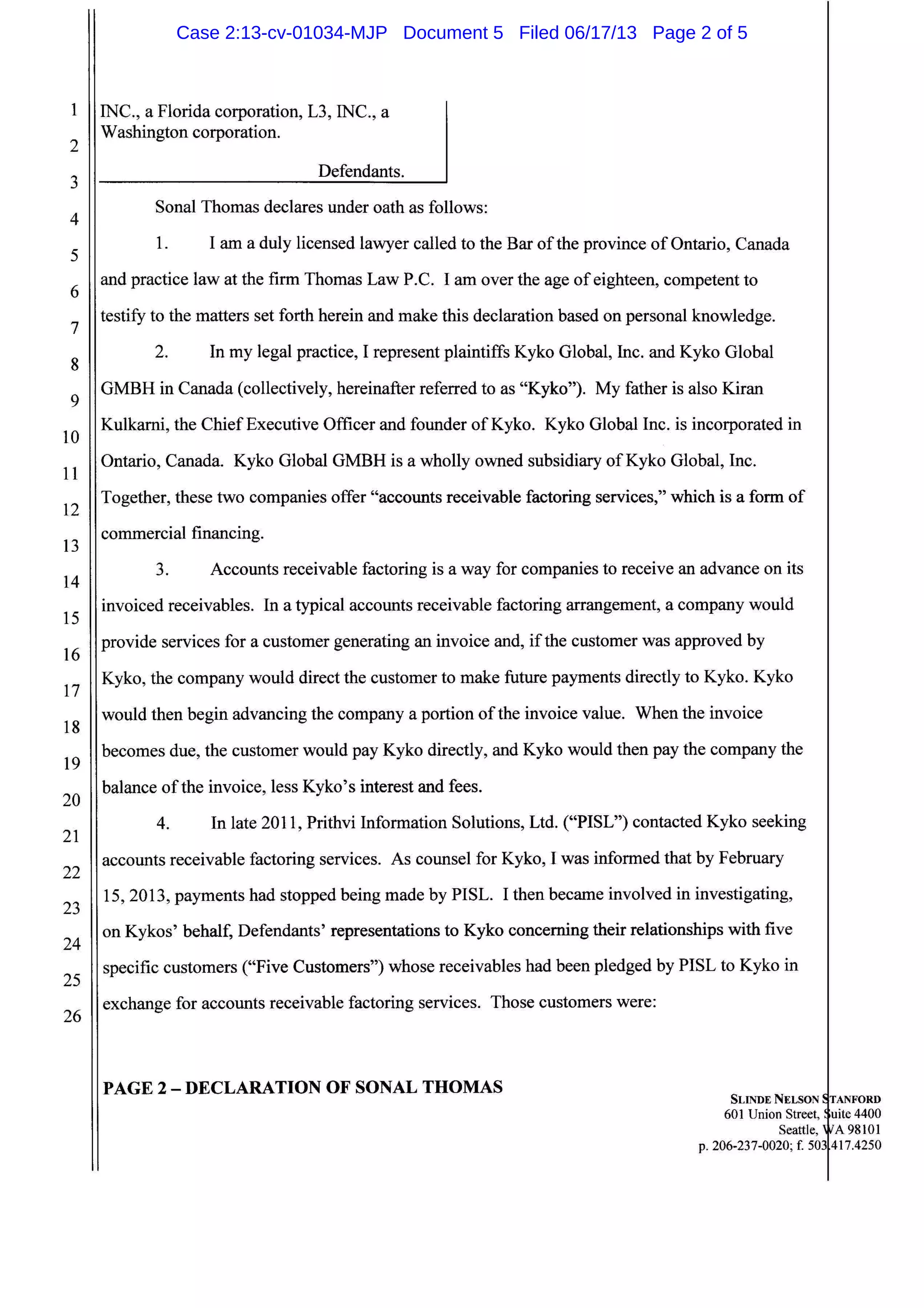 Declaration of Kyko Global's Lawyer Sonal Thomas | PDF