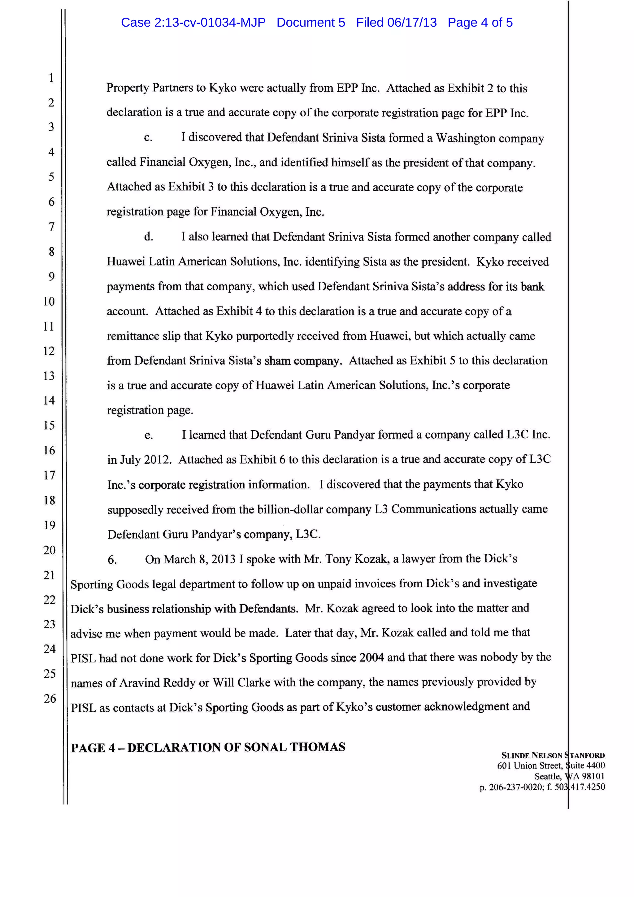 Declaration of Kyko Global's Lawyer Sonal Thomas | PDF