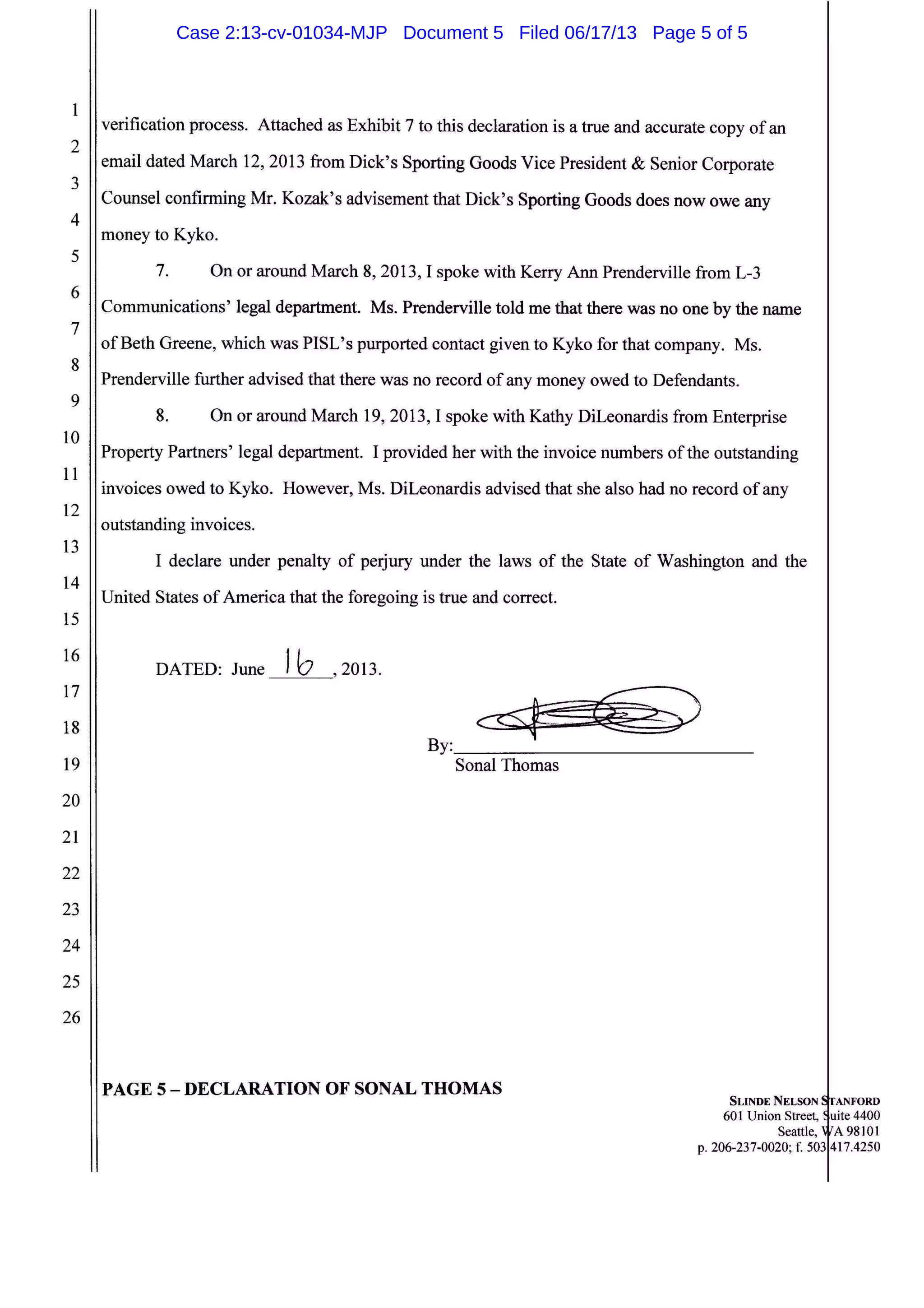 Declaration of Kyko Global's Lawyer Sonal Thomas | PDF