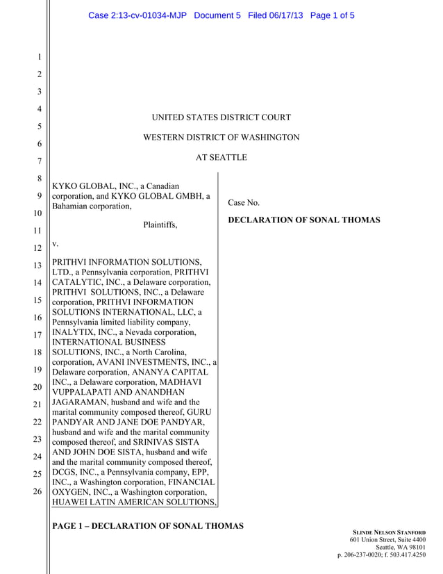 Declaration of Kyko Global's Lawyer Sonal Thomas | PDF