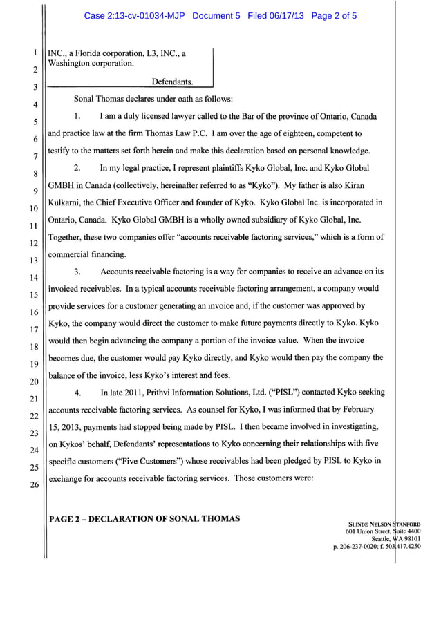 Declaration of Kyko Global's Lawyer Sonal Thomas | PDF