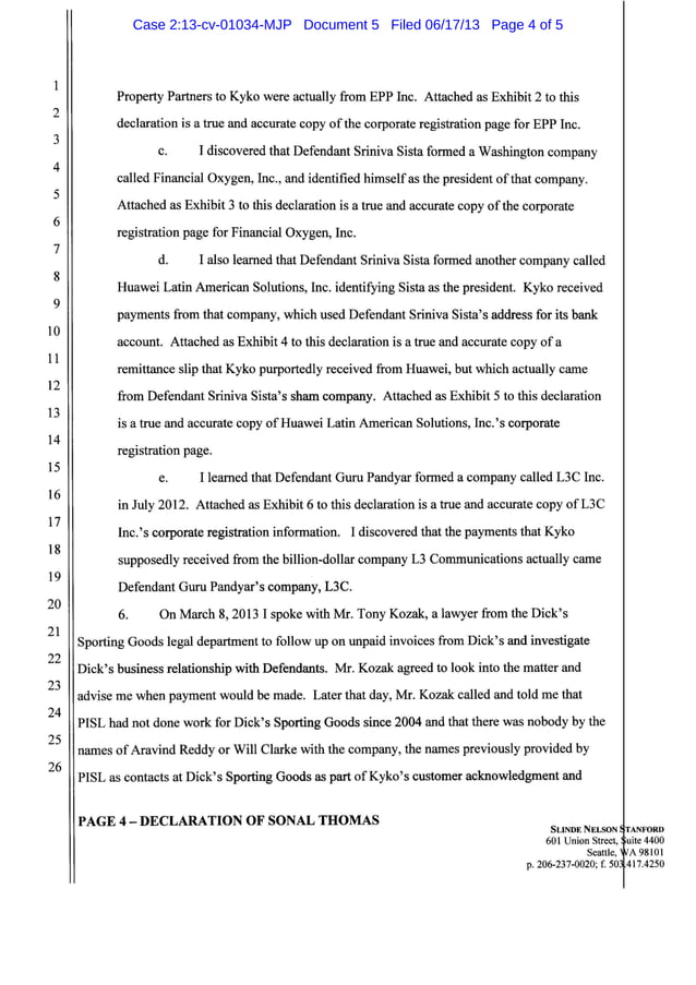 Declaration of Kyko Global's Lawyer Sonal Thomas | PDF