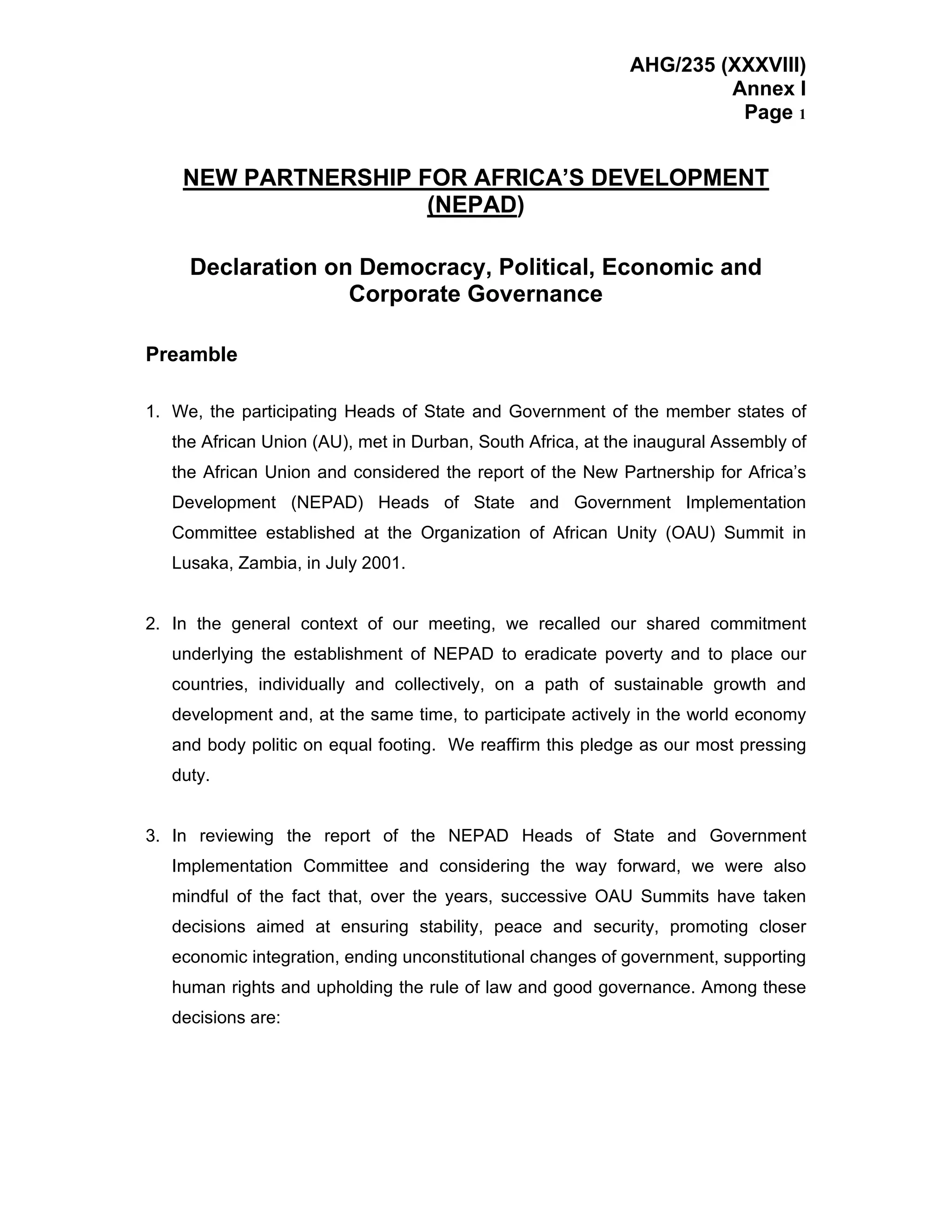 Declaration on democracy political economic and corporate governance | PDF