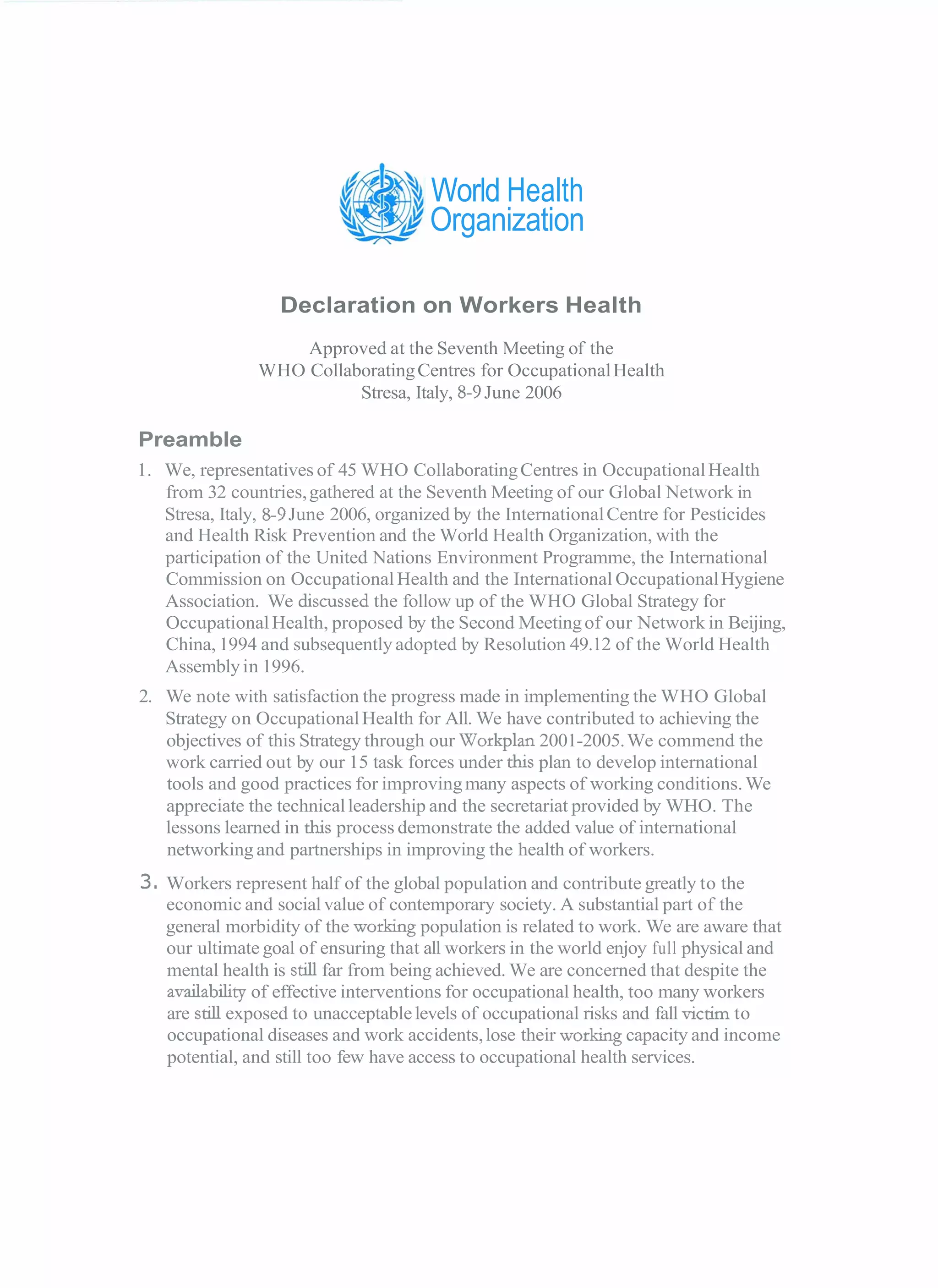 Declaration on workers health | PDF
