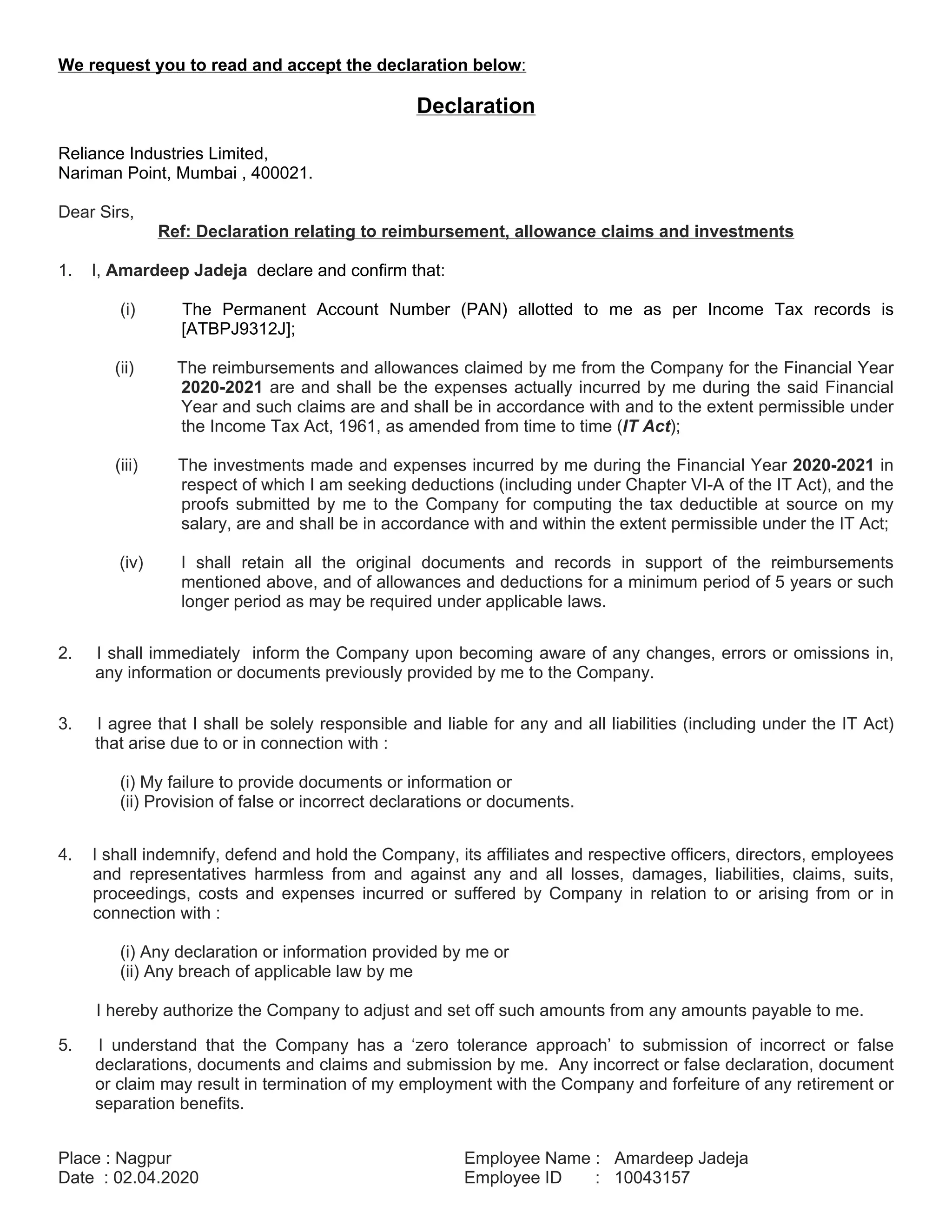 Declaration remburishment | PDF