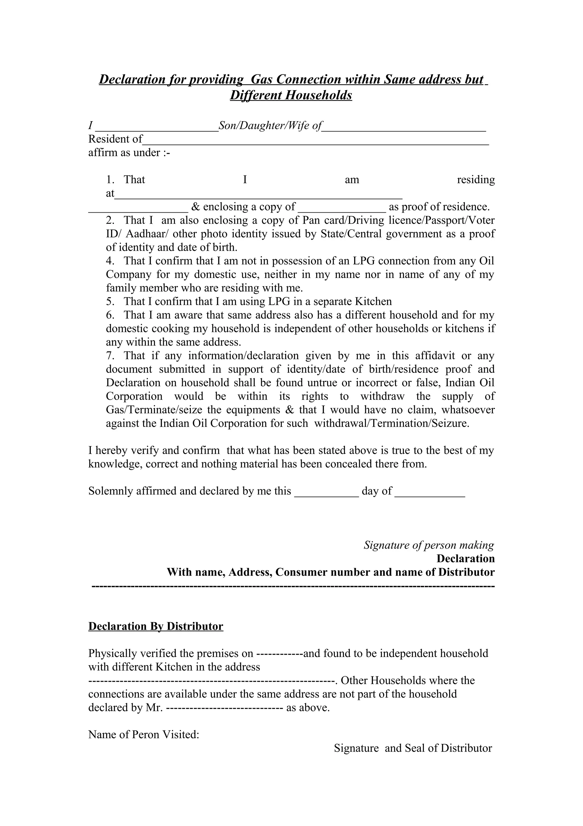 Declaration same address_different_house_hold Indane Gas Connection | PDF