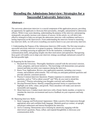 Decoding the Admissions Interview: Strategies for a Successful University Interview. | PDF