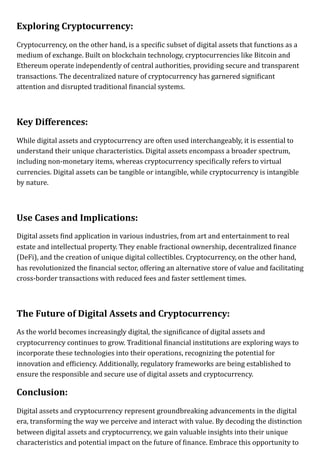 Decoding the Distinction: Digital Assets vs. Cryptocurrency Unveiled | PDF