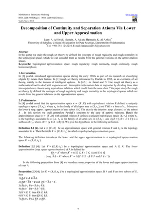 Decomposition of continuity and separation axioms via lower and upper approximation | PDF