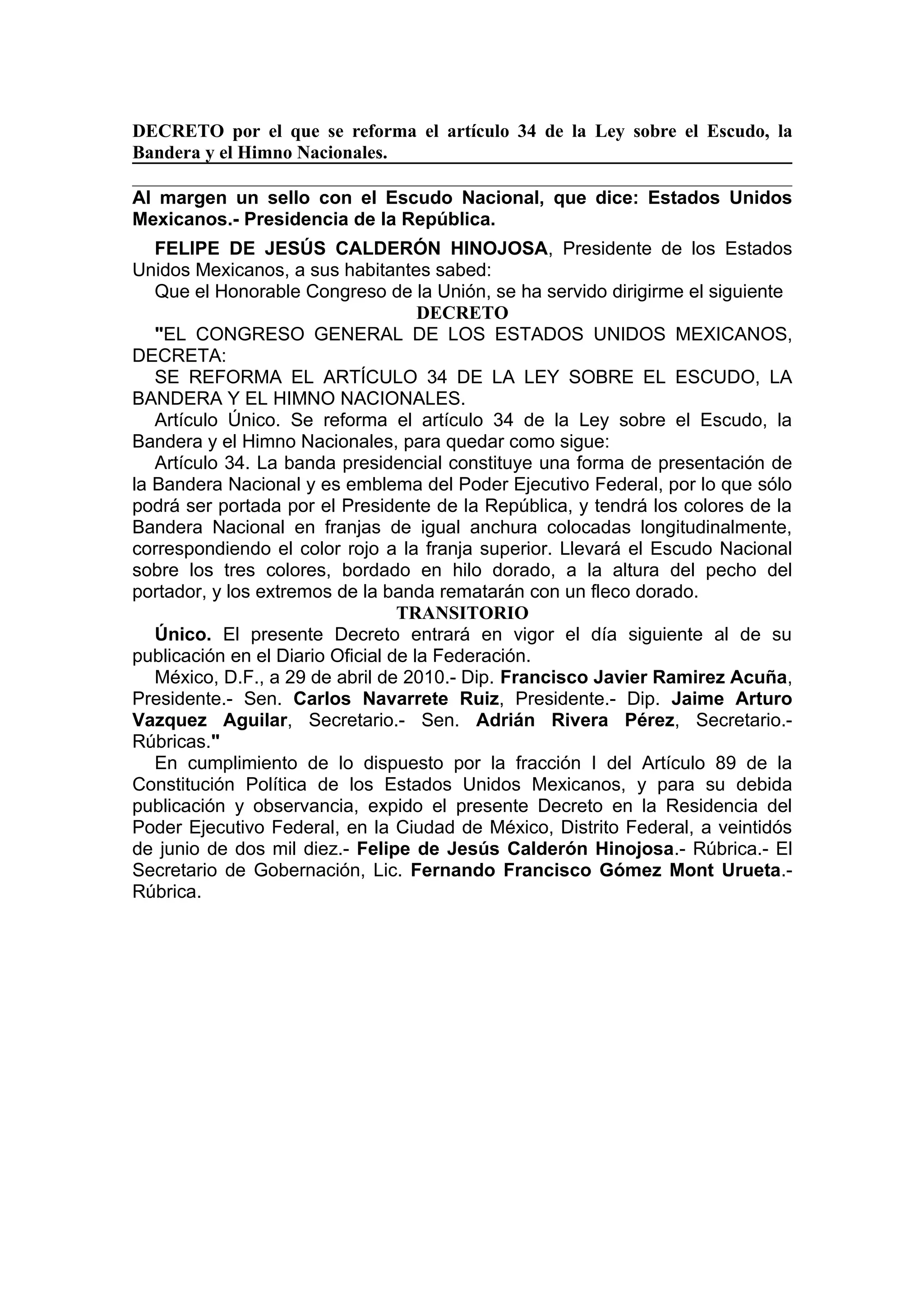 Decreto por el que se reforma el artículo 34 de la ley sobre el escudo ...
