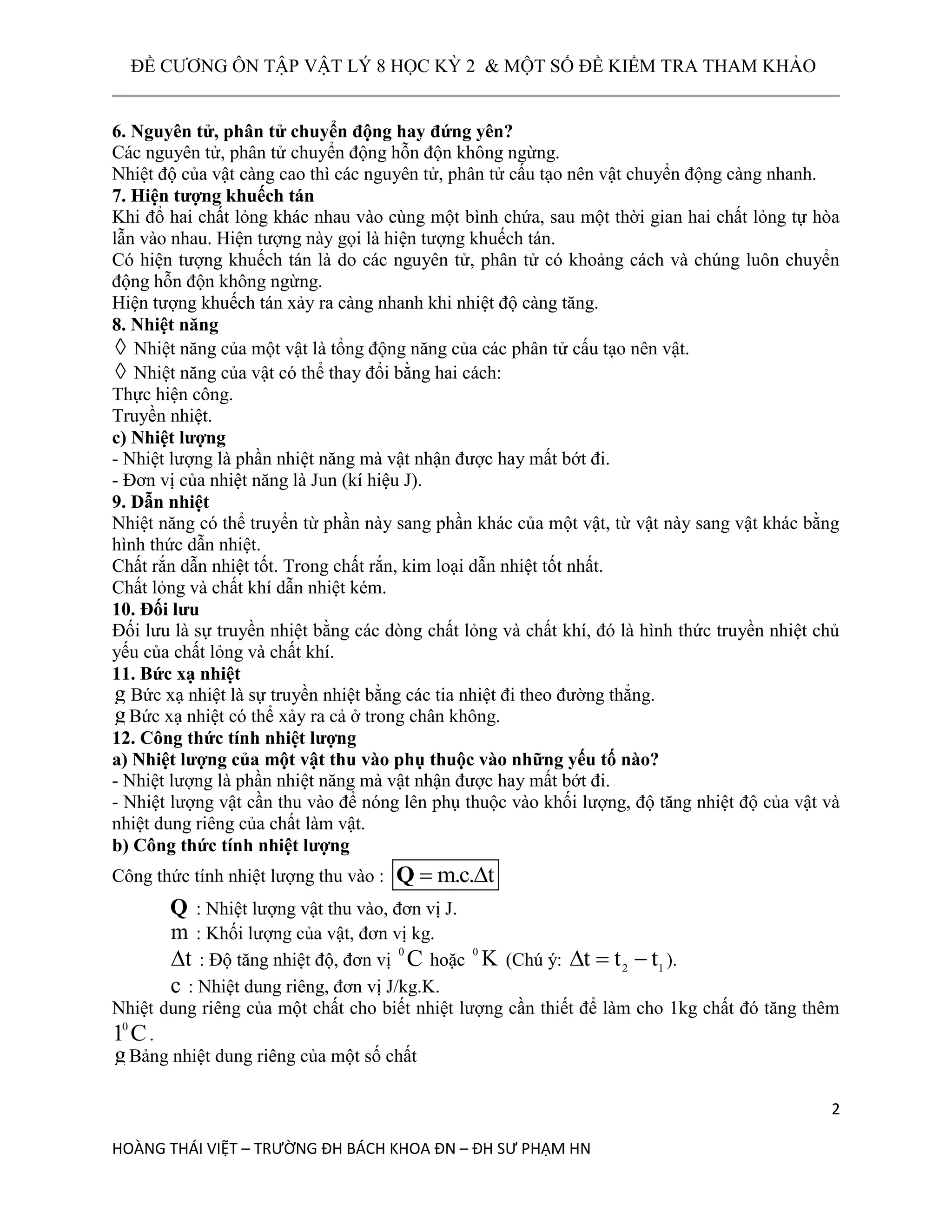 de cuong on tap vat ly 8 hoc ky 2 cuc hay - moi nhat | PDF