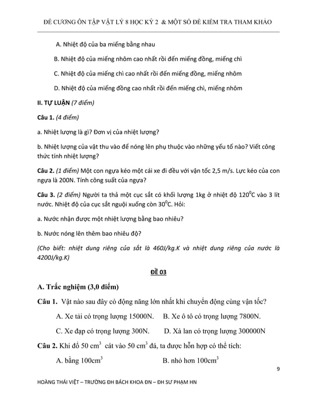 de cuong on tap vat ly 8 hoc ky 2 cuc hay - moi nhat | PDF